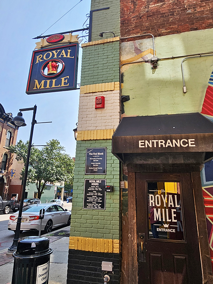 The mint-green facade of The Royal Mile stands out in downtown Des Moines like a British flag at an Iowa corn festival.