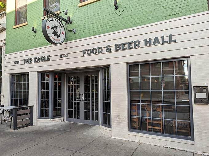 The mint-green facade of The Eagle OTR stands proudly in Cincinnati's historic district, like a Southern food embassy on Ohio soil.