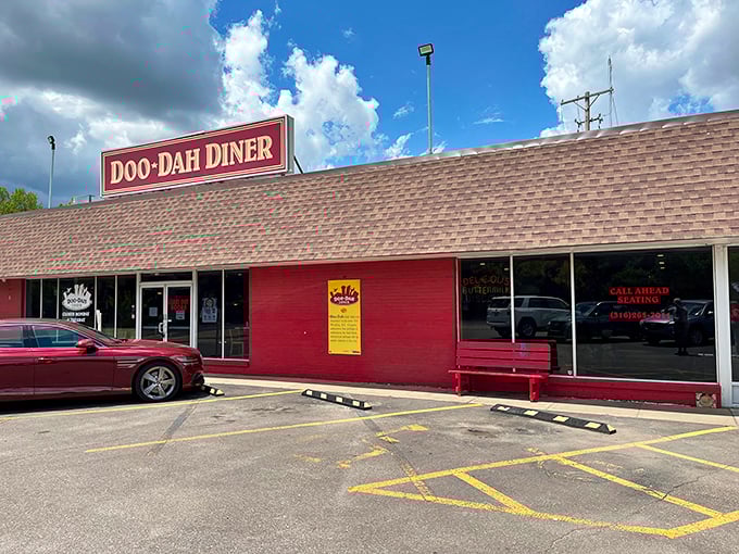 The red exterior of Doo-Dah Diner stands like a beacon of breakfast hope in Wichita. No fancy frills, just the promise of comfort food glory within.