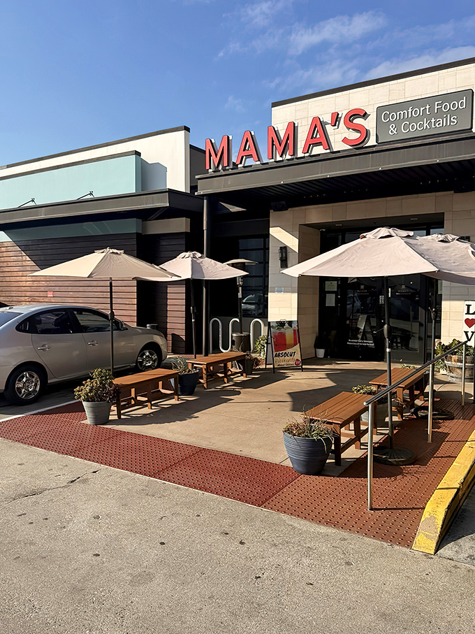 The bright red Mama's sign beckons like a lighthouse for hungry souls. Those wooden benches outside aren't just seating&mdash;they're the waiting room for breakfast nirvana.