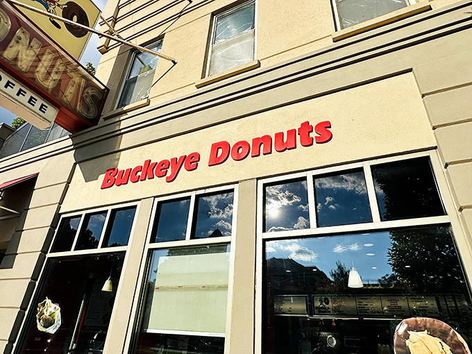 The iconic red awnings and vintage signage of Buckeye Donuts stand as a beacon of breakfast hope on Columbus' High Street. A true Ohio landmark.