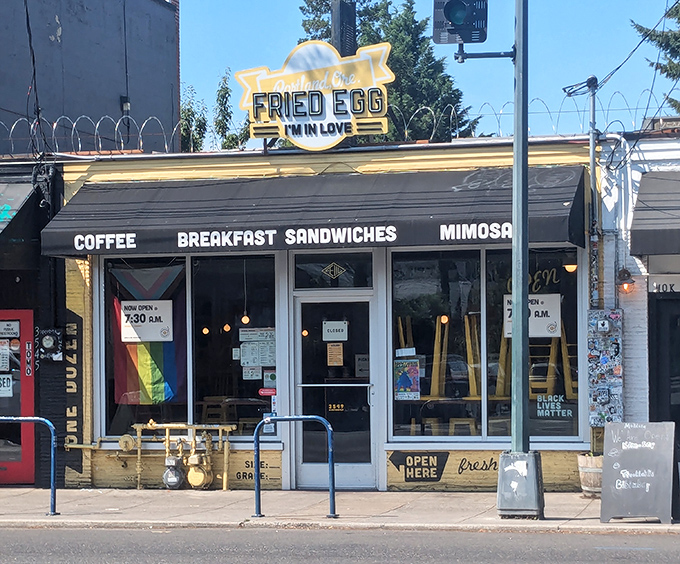The bright yellow guitar-shaped egg sign beckons breakfast enthusiasts like a rock concert for your taste buds. Portland's breakfast scene at its finest.