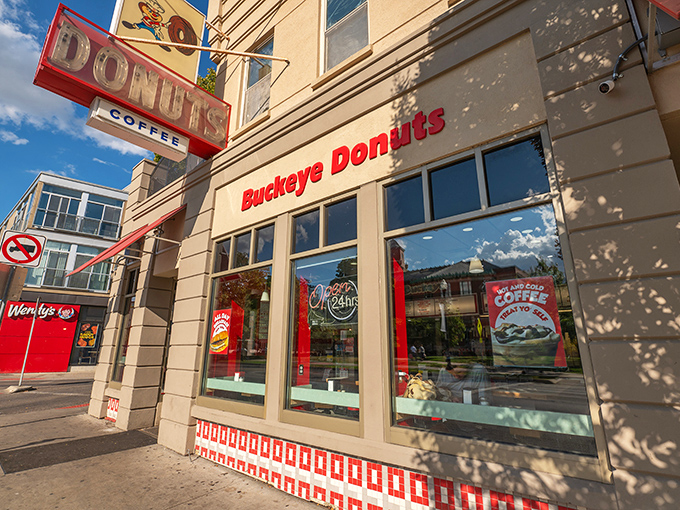 The iconic red awnings and vintage signage of Buckeye Donuts stand as a beacon of breakfast hope on Columbus' High Street. A true Ohio landmark.