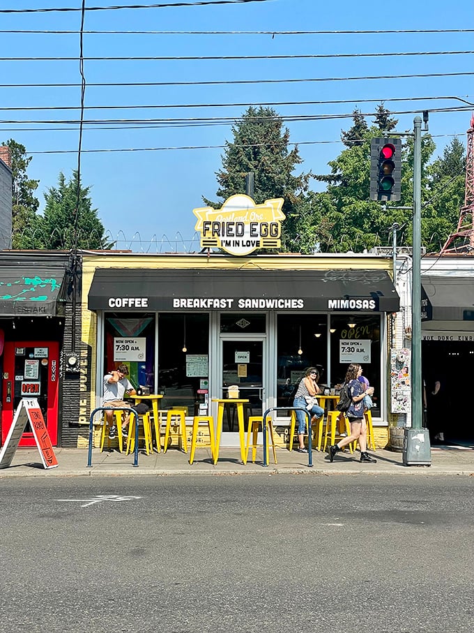 The bright yellow guitar-shaped egg sign beckons breakfast enthusiasts like a rock concert for your taste buds. Portland's breakfast scene at its finest.