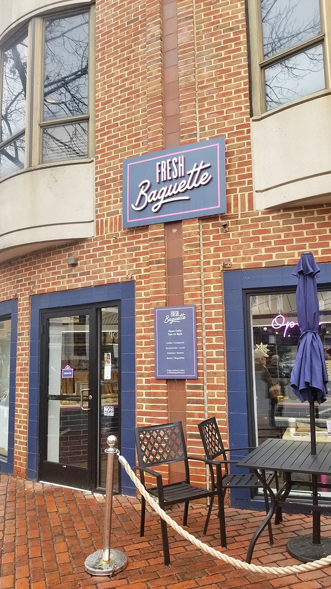 Fresh Baguette's charming brick exterior with blue trim feels like stumbling upon a secret Parisian caf&eacute; tucked away in Alexandria's historic streets.