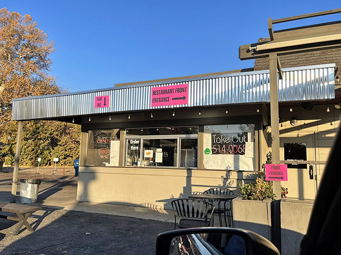 The unassuming exterior of Bodacious Pig Barbecue in Eagle hides culinary treasures within. That patio practically begs you to settle in for a smoky feast.