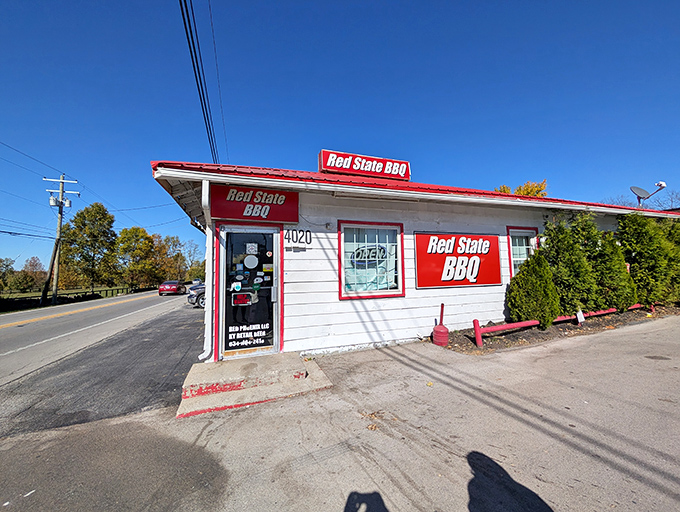 The unassuming white building with bold red trim stands like a beacon of barbecue hope on Georgetown Road. Smoke signals of deliciousness await inside.