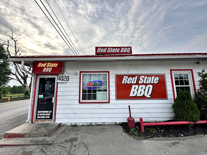 The unassuming white building with bold red trim stands like a beacon of barbecue hope on Georgetown Road. Smoke signals of deliciousness await inside.