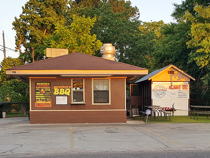 The unassuming exterior of McInnis's 12 Bone BBQ proves once again that culinary greatness often hides in humble packages. Smoke signals of deliciousness await inside.
