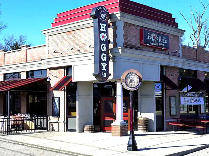 Hoggy's exterior promises barbecue bliss with its classic brick fa&ccedil;ade and vintage-style signage&mdash;the architectural equivalent of "good things to come."