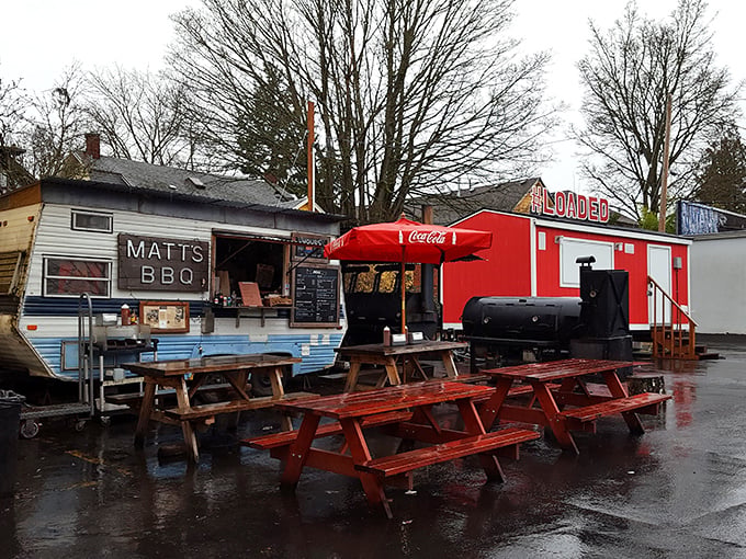 The unassuming exterior of Matt's BBQ belies the culinary treasures within. This humble food cart has become Portland's temple of Texas-style barbecue.