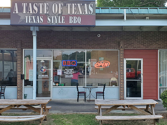 The unassuming storefront that houses barbecue magic. Like finding a diamond in a strip mall, A Taste of Texas quietly beckons hungry travelers.