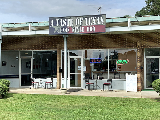 The unassuming storefront that houses barbecue magic. Like finding a diamond in a strip mall, A Taste of Texas quietly beckons hungry travelers.