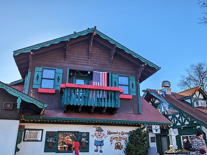 The storybook comes to life! Hansel & Gretel's Bavarian-style exterior perfectly captures Helen's Alpine charm, complete with green shutters and whimsical character art.