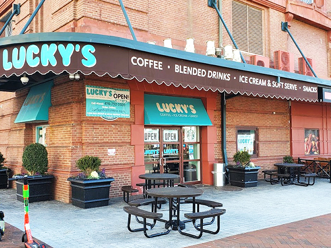 Lucky's vibrant turquoise storefront stands out against the brick building like a beacon of sweetness, promising three essential food groups: caffeine, sugar, and more sugar.
