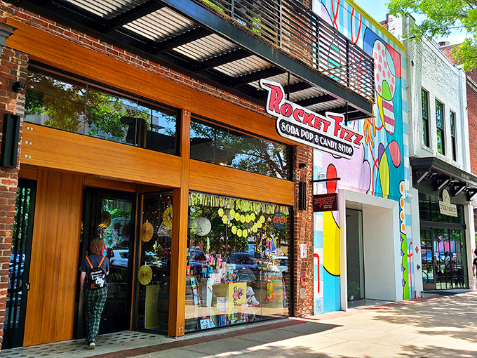 The brick storefront of Rocket Fizz beckons like a portal to childhood, its colorful signage promising a sugar-fueled adventure within Columbus's revitalized downtown.