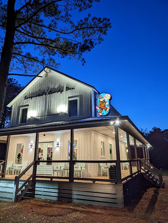 The white clapboard sanctuary of sweetness stands proudly among the pines, with its cartoon Sasquatch mascot clutching a lollipop like it's Olympic gold.