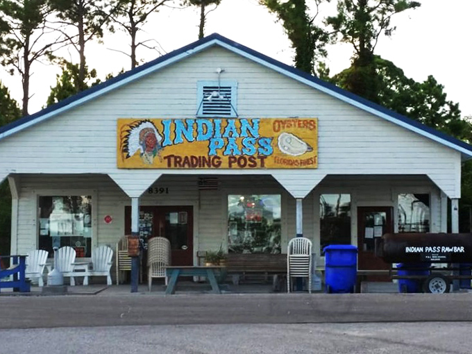 The unassuming exterior of Indian Pass Raw Bar stands as a testament that the best seafood often comes from places without valet parking.