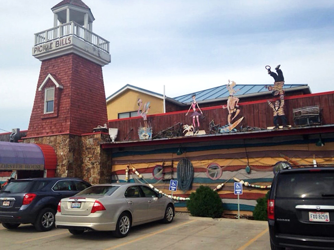 The iconic lighthouse tower of Pickle Bill's stands like a seafood beacon, promising maritime delights in the most unexpected of places&mdash;landlocked Ohio.