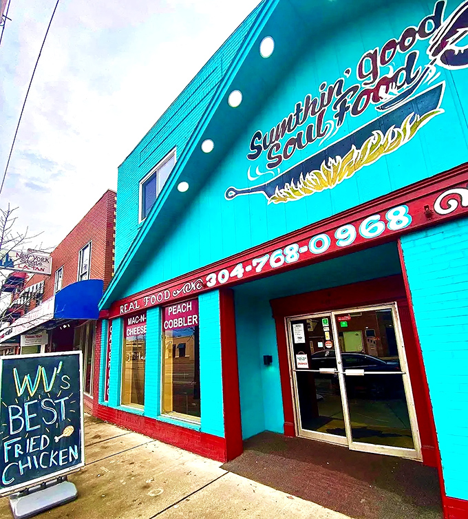 That turquoise facade isn't just eye-catching&mdash;it's a beacon of culinary promise on MacCorkle Avenue. Soul food paradise awaits!