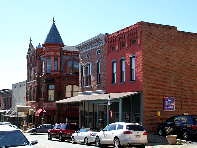 Main Street magic! Van Buren's historic downtown looks like a movie set, but these brick beauties are the real deal—no Hollywood fakery required.