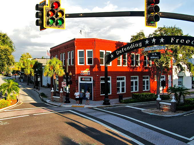 Dunedin's Main Street comes alive at twilight, where the iconic "Defending Freedom" arch welcomes visitors to a downtown that feels refreshingly un-Florida-like in all the best ways.