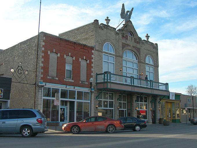 Historic limestone and brick buildings line Wamego's charming main street, where small-town America meets Emerald City dreams.