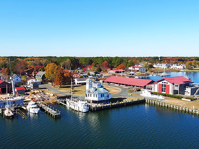 From this aerial view, Saint Michaels reveals itself as a watercolor painting come to life&mdash;where historic charm meets Chesapeake blue in perfect harmony.