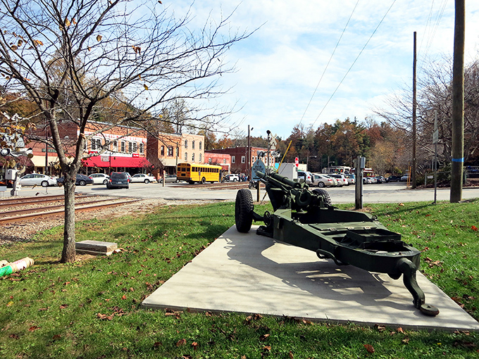 Main Street Saluda welcomes you with historic brick buildings, a vintage military cannon, and that small-town charm that makes you want to cancel your return flight.