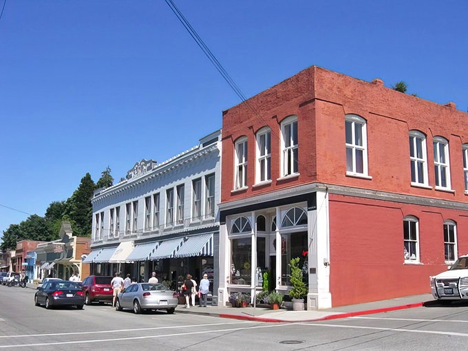 Historic brick buildings line La Conner's main street, where shopping is less retail therapy and more small-town charm therapy.