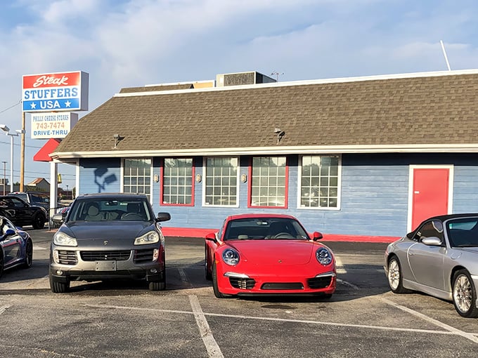 The red, white, and blue exterior of Steak Stuffers USA isn't subtle, but neither are the flavors waiting inside this patriotic sandwich paradise.