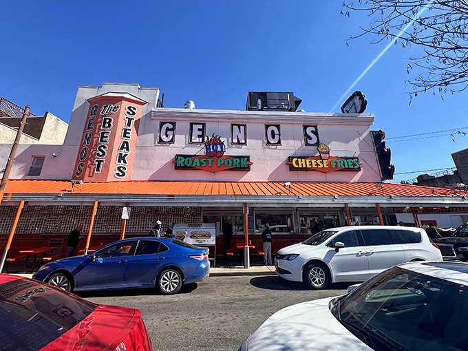 The Las Vegas of cheesesteak joints announces itself with neon bravado on the corner of 9th and Passyunk, a Philadelphia landmark that refuses to whisper.