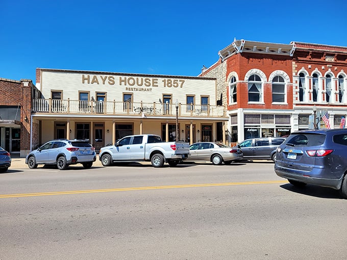 The iconic white facade of Hays House 1857 stands proudly on Council Grove's main street, a culinary time capsule waiting to be explored.