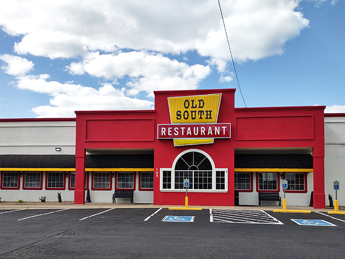 The bright red facade of Old South Restaurant stands like a beacon of comfort food salvation along the highway, promising delicious redemption for hungry travelers.