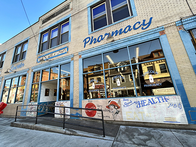 The iconic blue facade of Lincoln's P&G stands as a Pittsburgh landmark, where pharmacy meets diner in a marriage that somehow makes perfect sense.