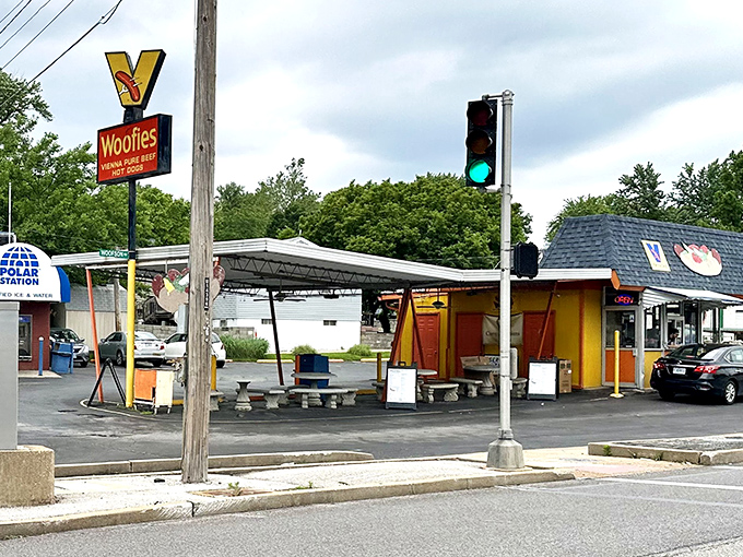 The sunshine-yellow exterior of Woofie's isn't just a building&mdash;it's a beacon of hope for the hot dog deprived. "Serving the hot dog with dignity" isn't just a slogan, it's a mission statement.