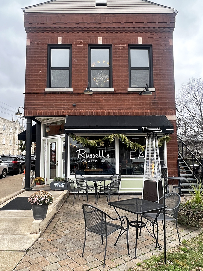 The classic red brick facade of Russell's on Macklind stands like a delicious sentinel in St. Louis' Southampton neighborhood, complete with inviting outdoor seating.