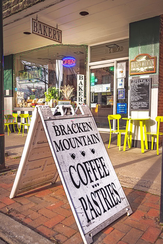 The cheerful yellow chairs outside Bracken Mountain Bakery invite passersby to sit and savor life's simple pleasures one pastry at a time.