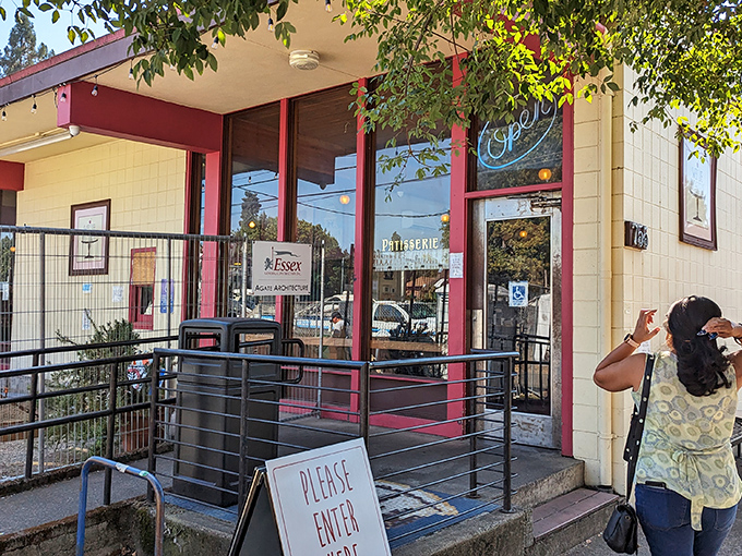 The pale yellow and pink-trimmed façade isn't just a storefront—it's a portal to butter-based happiness in Eugene's culinary landscape.