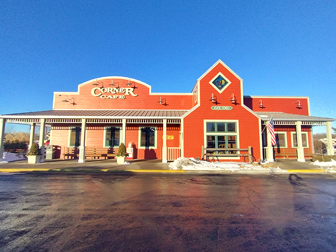 The iconic red barn exterior of Corner Cafe beckons hungry travelers like a lighthouse for growling stomachs on the Missouri prairie. 
