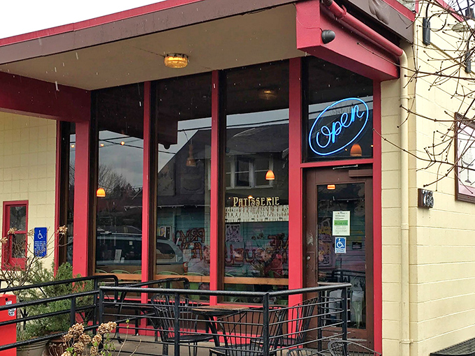 The pale yellow and pink-trimmed fa&ccedil;ade isn't just a storefront&mdash;it's a portal to butter-based happiness in Eugene's culinary landscape.