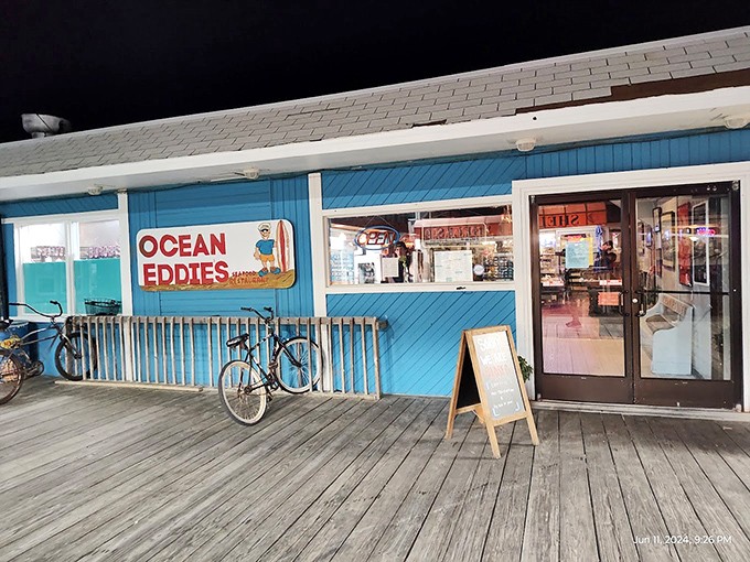 The cheerful blue exterior of Ocean Eddies welcomes seafood lovers like a maritime hug, complete with bicycles parked outside&mdash;transportation for locals who know where the good stuff is.