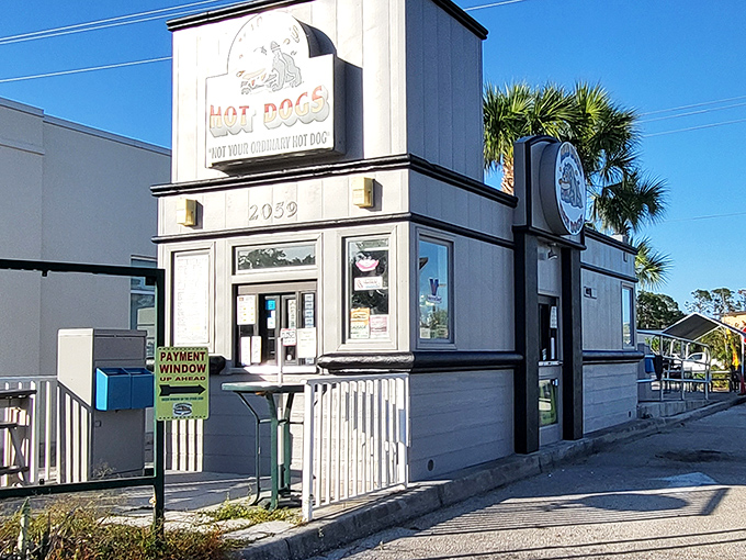 The unassuming gray building with its cartoon bulldog mascot proudly announces: "NOT YOUR ORDINARY HOT DOG." Architectural modesty, culinary boldness.
