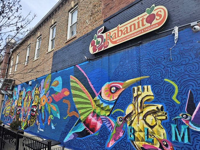 The psychedelic mural of 5 Rabanitos stands out on 18th Street like a delicious beacon, promising authentic Mexican flavors.