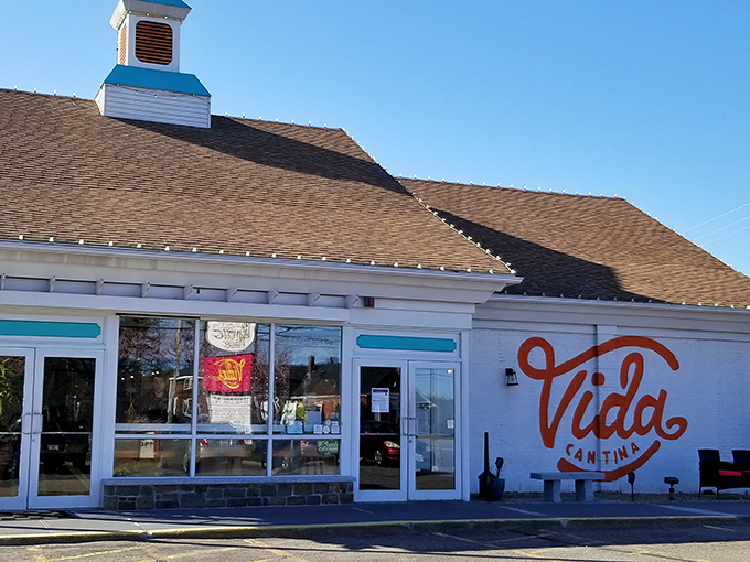The unassuming exterior hides a culinary fiesta within—like finding a perfect beach behind an ordinary door, Vida Cantina's vibrant orange script promises adventure.