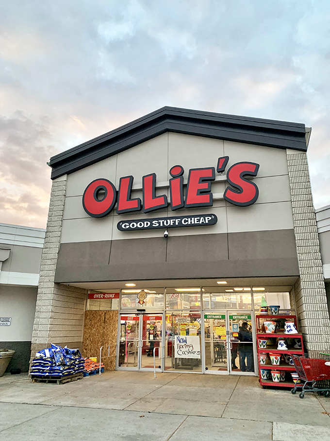 The iconic red Ollie's sign promises "GOOD STUFF CHEAP" &ndash; a siren call to bargain hunters that's impossible to resist.