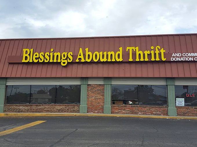 The red-and-yellow beacon of Blessings Abound stands proud in Overland Park, promising treasure hunters the thrill of the unexpected inside.