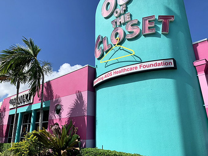 Pink and teal and utterly surreal! This thrift store's exterior is like a Miami Vice fever dream come to life.