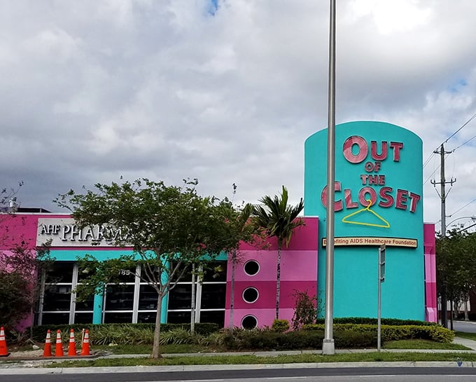 Pink and teal and utterly surreal! This thrift store's exterior is like a Miami Vice fever dream come to life.