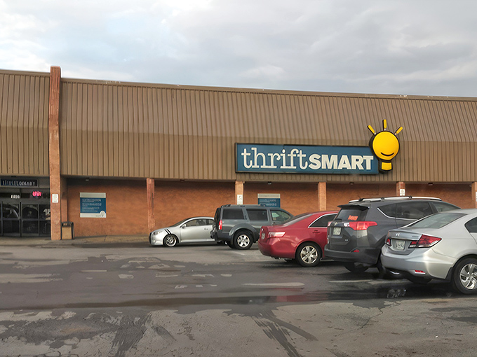 The familiar blue and yellow sign beckons like a lighthouse for bargain hunters, promising treasures within those unassuming brick walls.